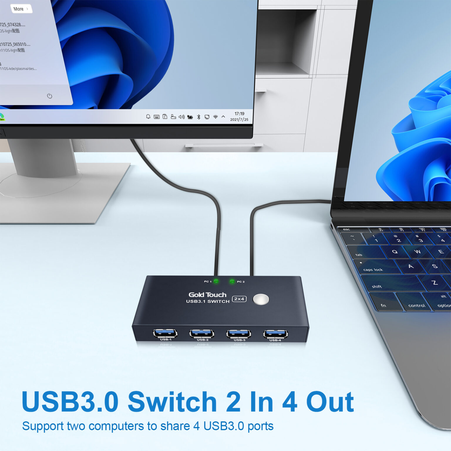 USB3.0 A Type Switch 2 ports in to 4 ports Out – Gold Touch